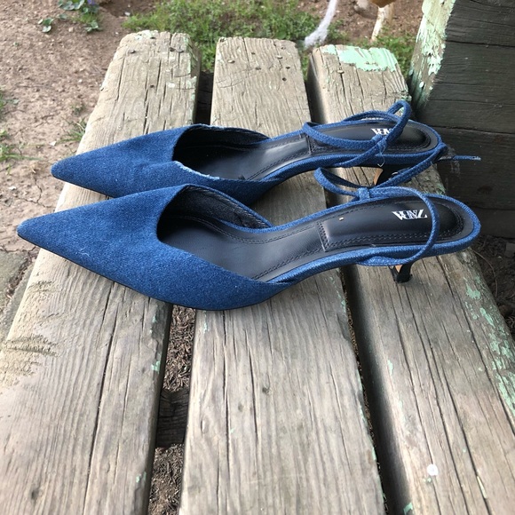 Zara | Shoes | Zara Denim Tile Blue Kitten Heel Shoes | Poshmark